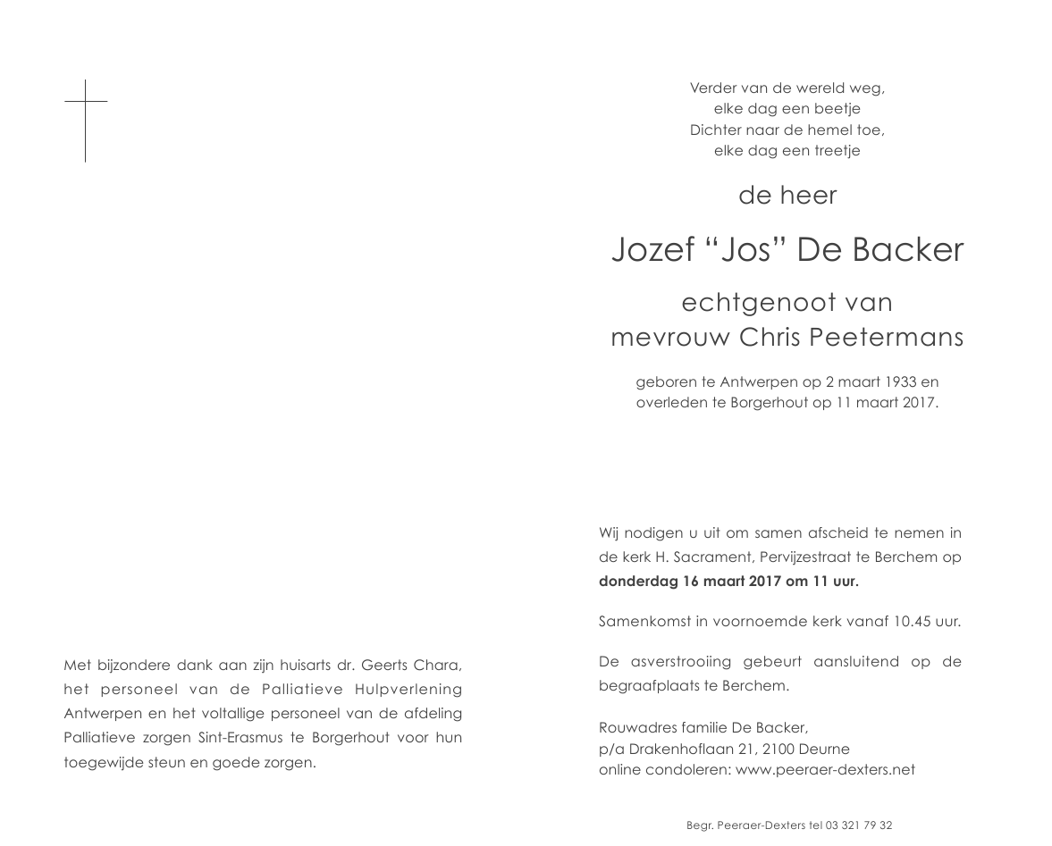 Overlijdensberichten - Overlijden van de heer Jozef "Jos" De Backer (11/03/2017), Overlijdensbericht